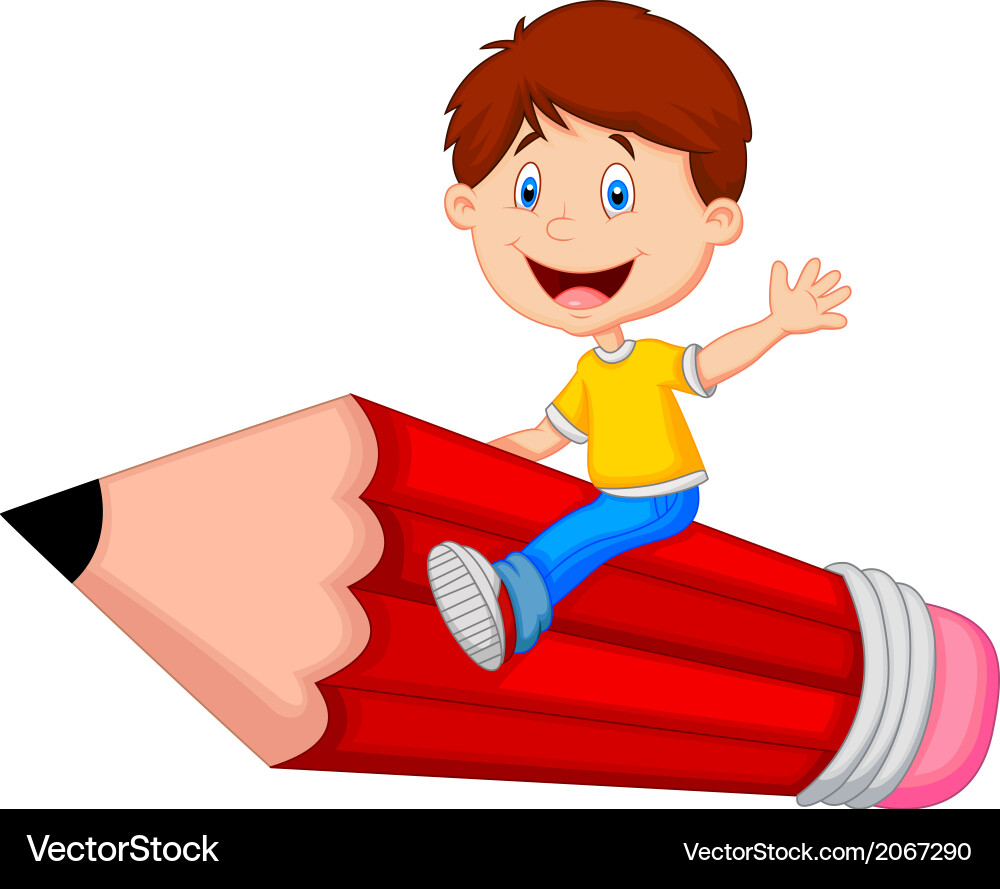 Cartoon boy riding flying pencil Royalty Free Vector Image