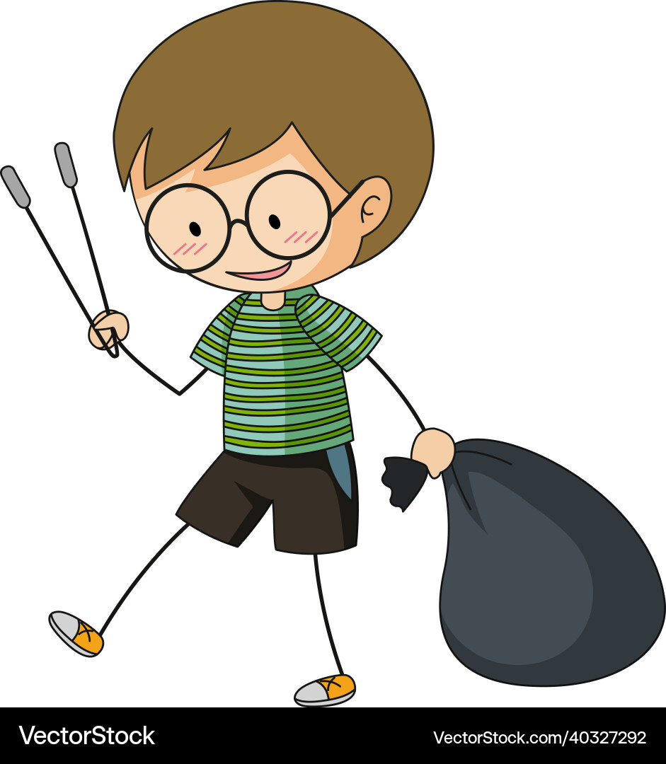 A doodle boy cleaning trash cartoon character Vector Image