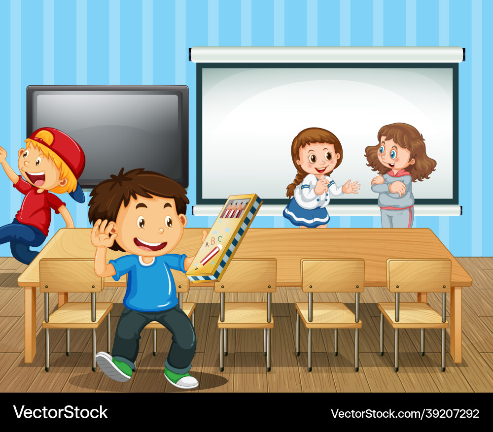 Scene with many students in the classroom Vector Image