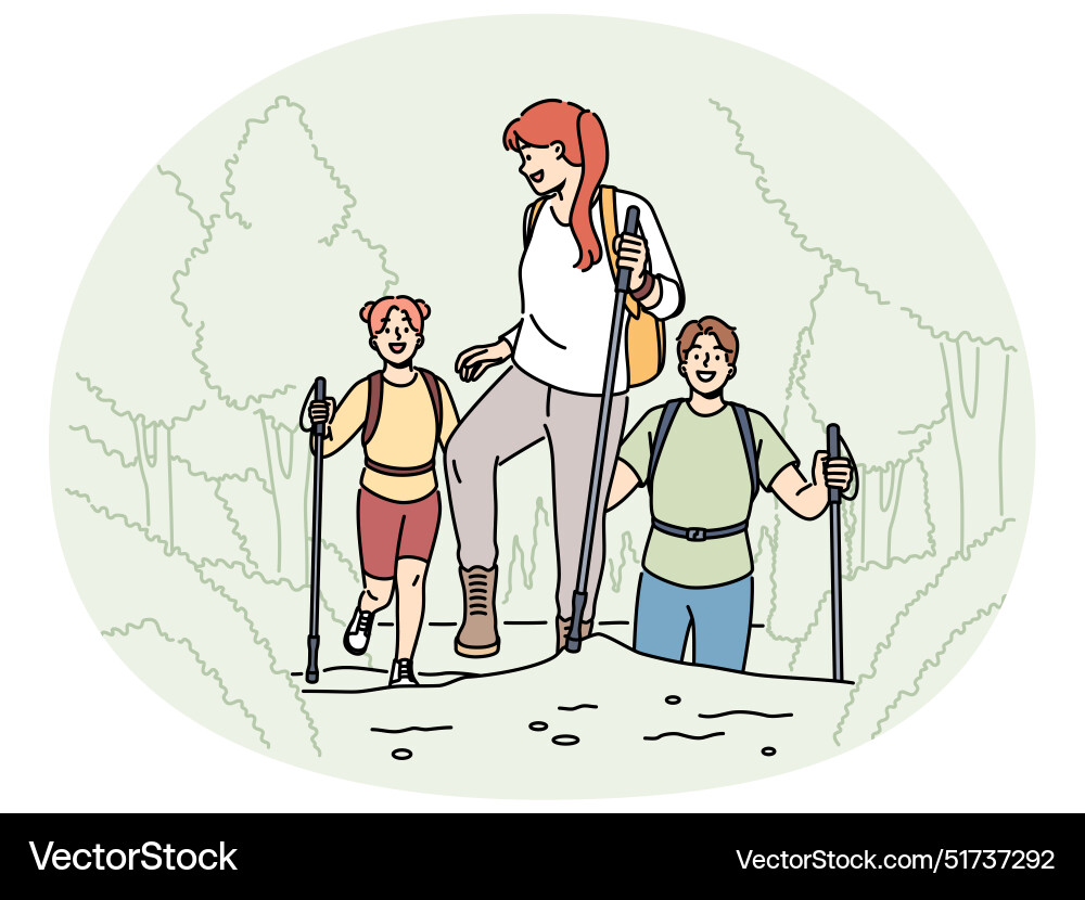 Smiling people hiking in mountains Royalty Free Vector Image