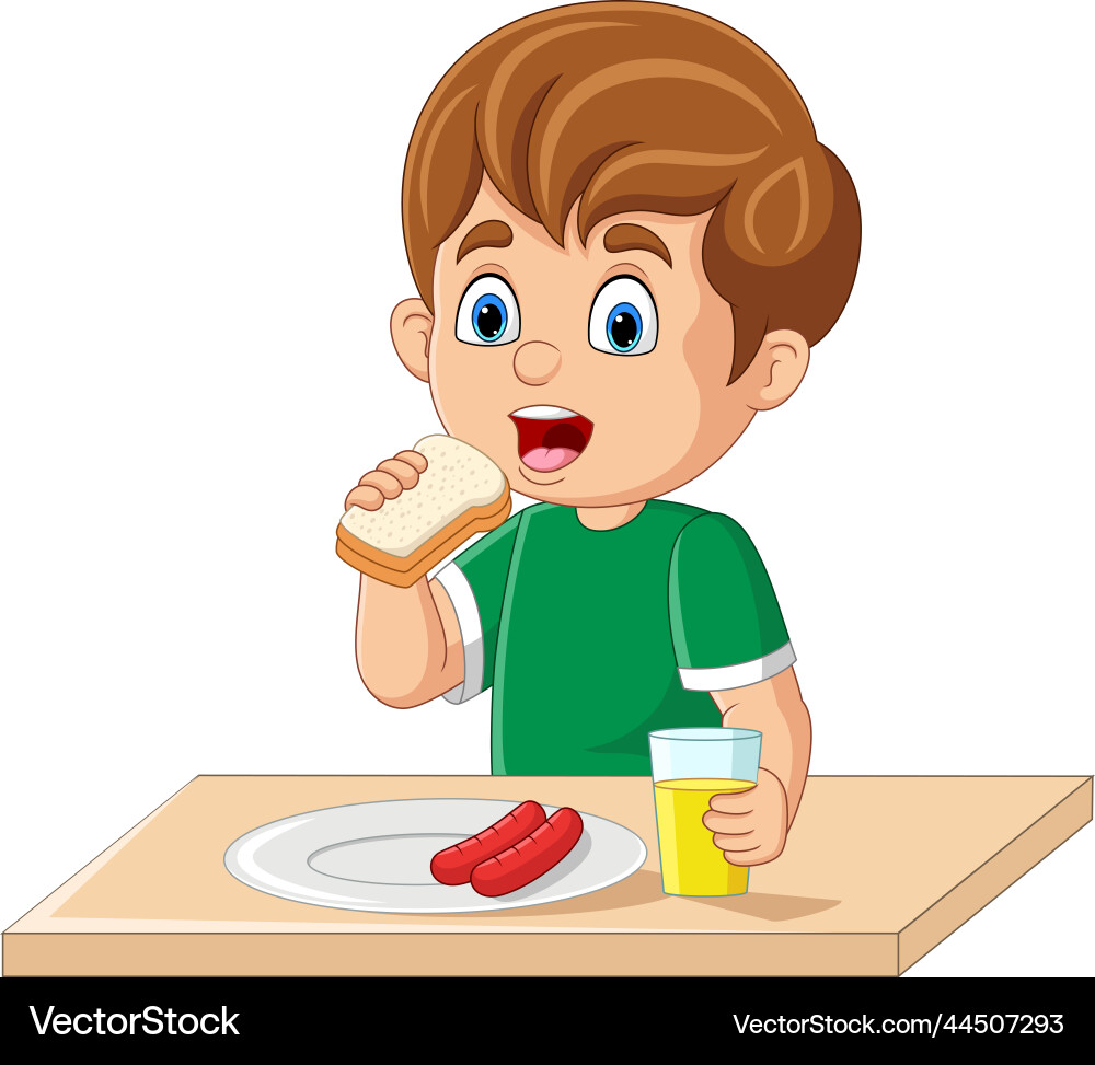 Cartoon boy having breakfast with bread sausage Vector Image