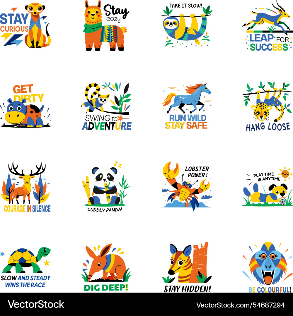 Pack of flat style wild animal stickers Royalty Free Vector