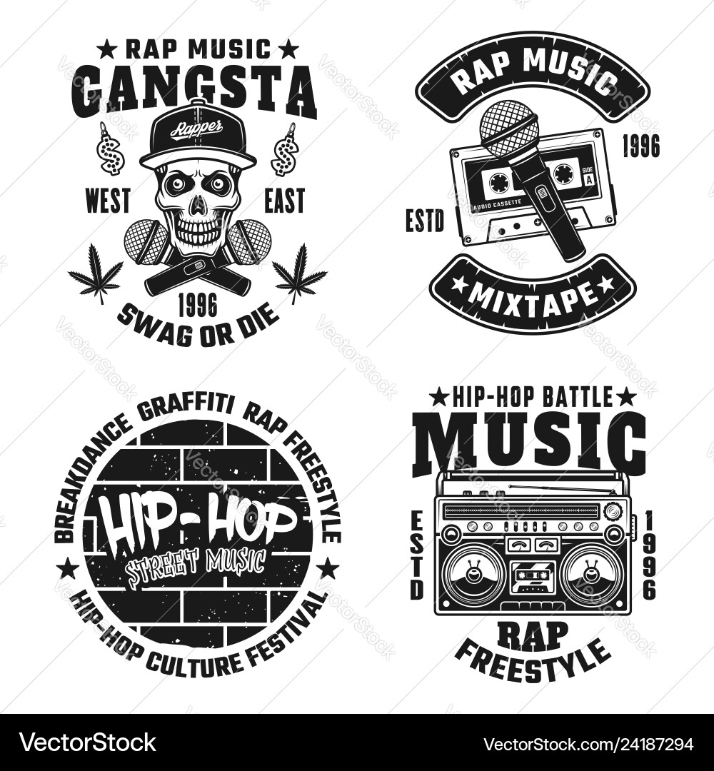 Rap and hip-hop monochrome emblems Royalty Free Vector Image
