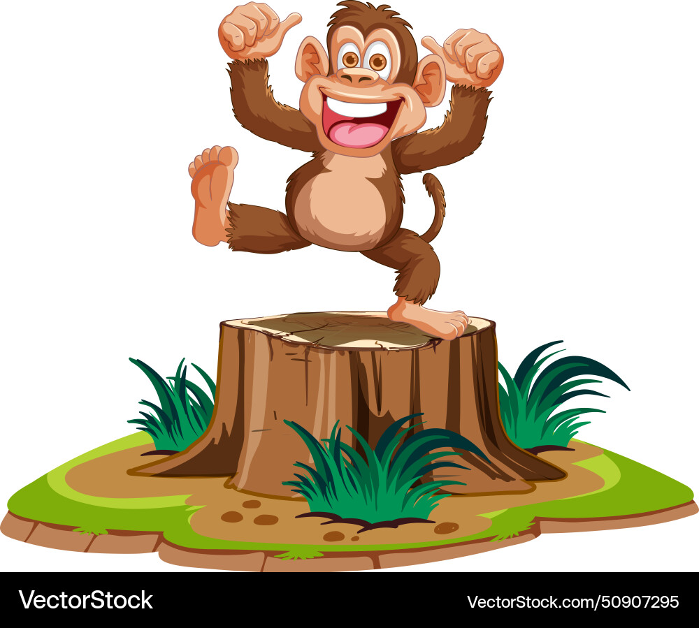 A happy monkey dancing on a tree stump Royalty Free Vector
