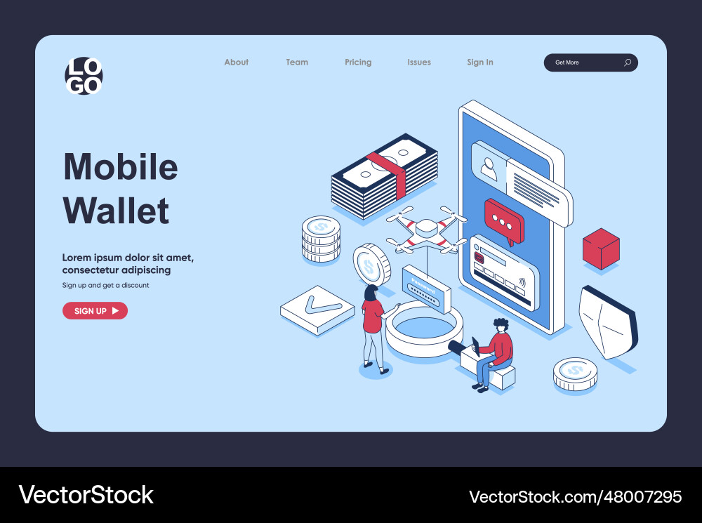 Mobile wallet app concept in 3d isometric design Vector Image