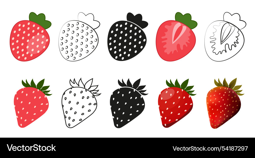 Strawberry icons set red black and linear Vector Image