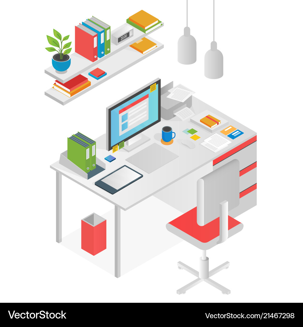Flat isometric workspace worl place concept Vector Image