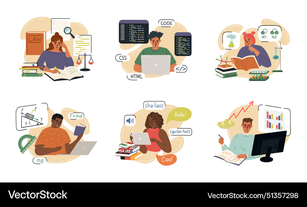 Smart students characters studying in home Vector Image