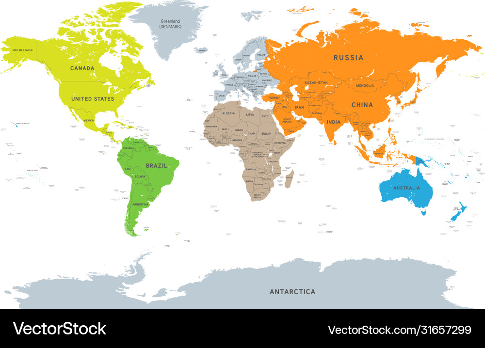 Detailed continent world map Royalty Free Vector Image