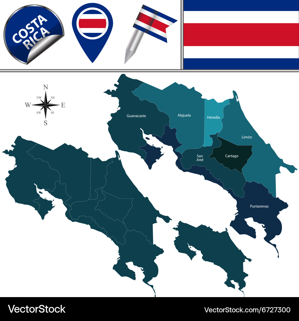 Costa rica map with named divisions Royalty Free Vector
