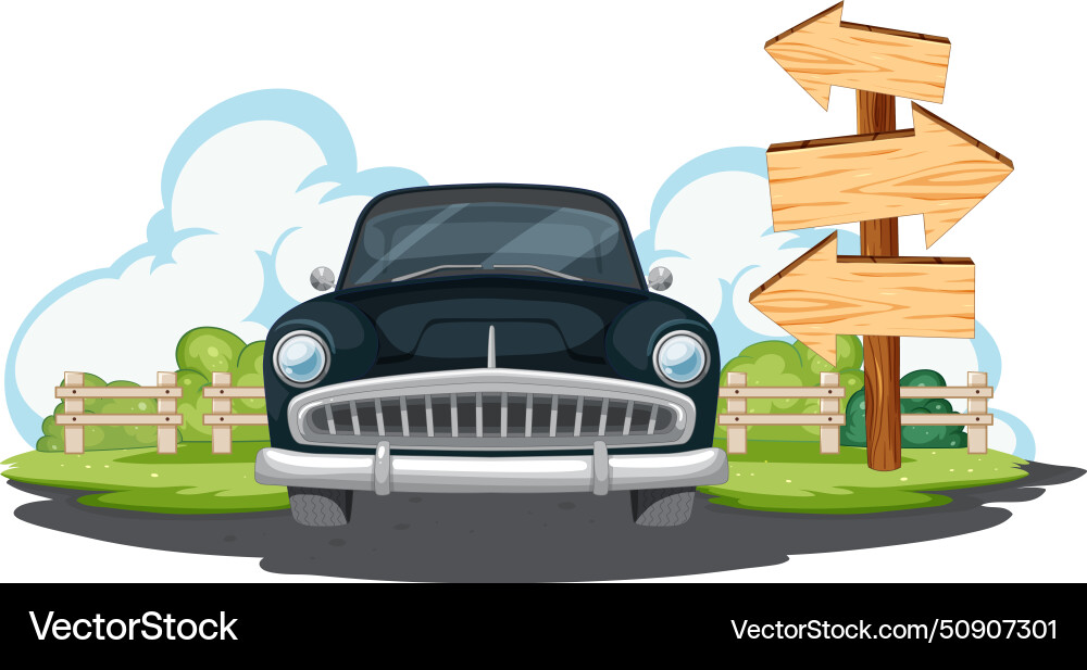 Classic car facing wooden directional arrows Vector Image
