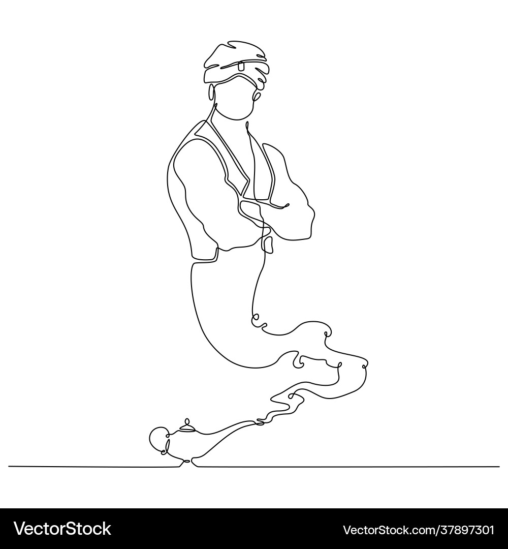 Continuous line drawing genie with lamp Royalty Free Vector