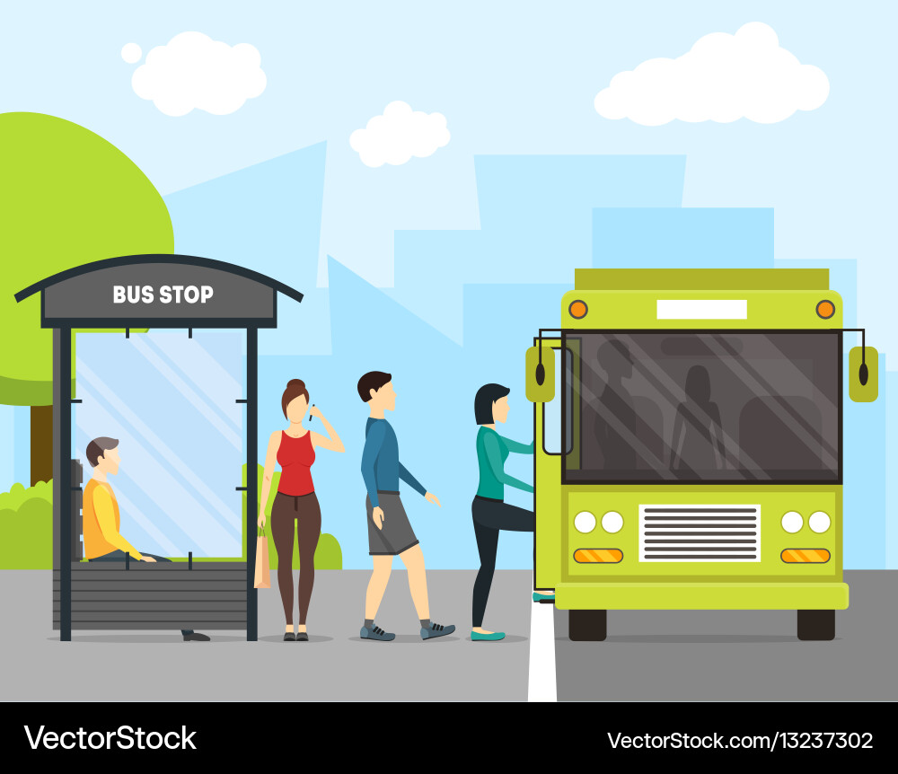 Cartoon bus stop with transport and people Vector Image
