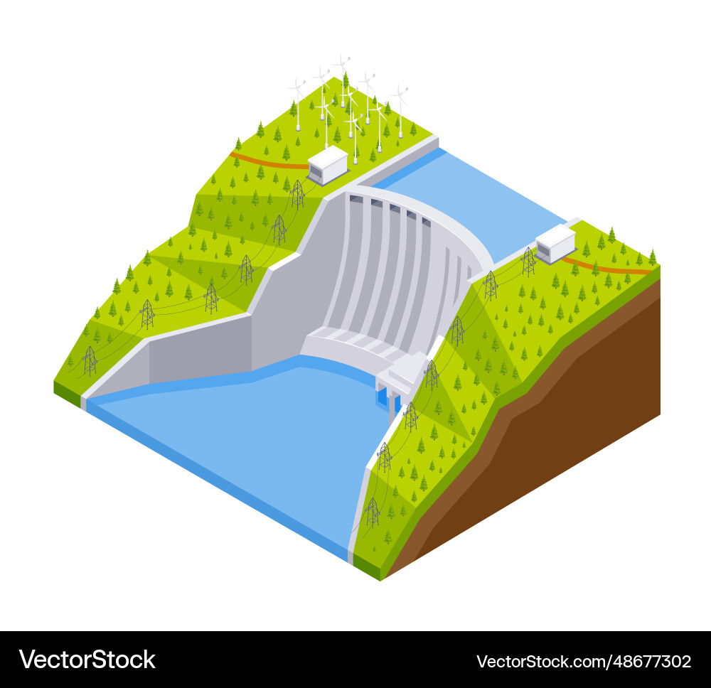 Hydroelectric dam isometric composition Royalty Free Vector