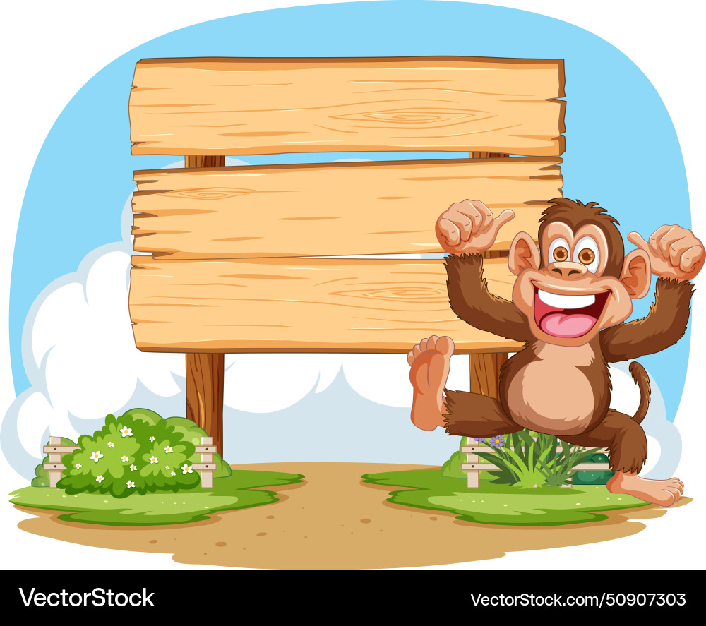 Happy monkey beside a large empty signboard Vector Image