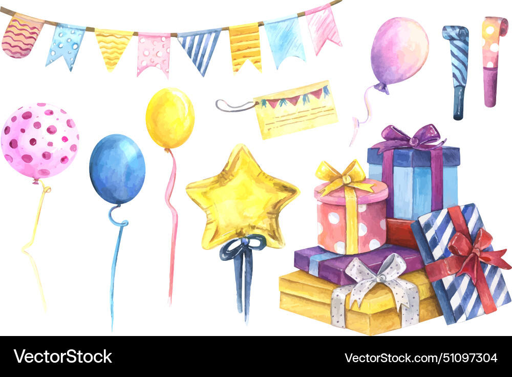Birthday set present box watercolor drawing Vector Image