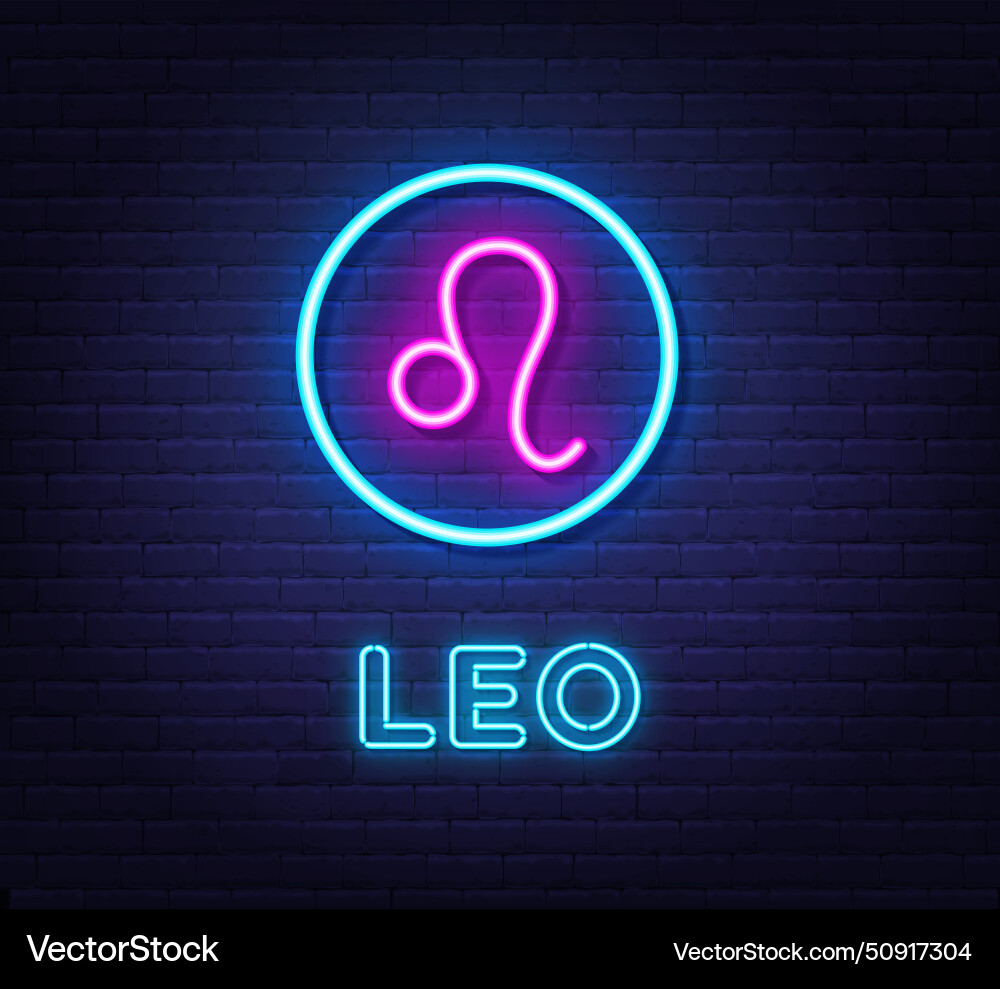 Neon leo sign on brick wall background Royalty Free Vector