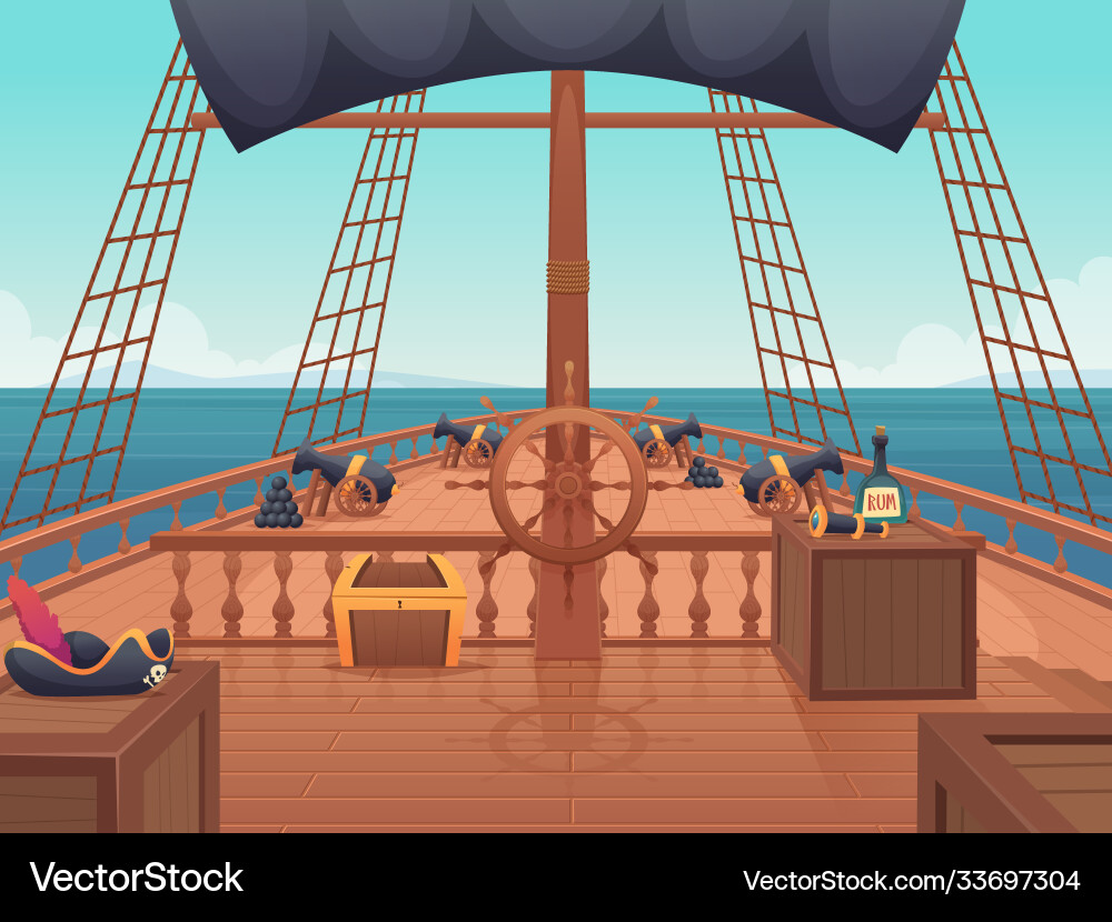 Wooden pirate ship captain bridge with steering Vector Image