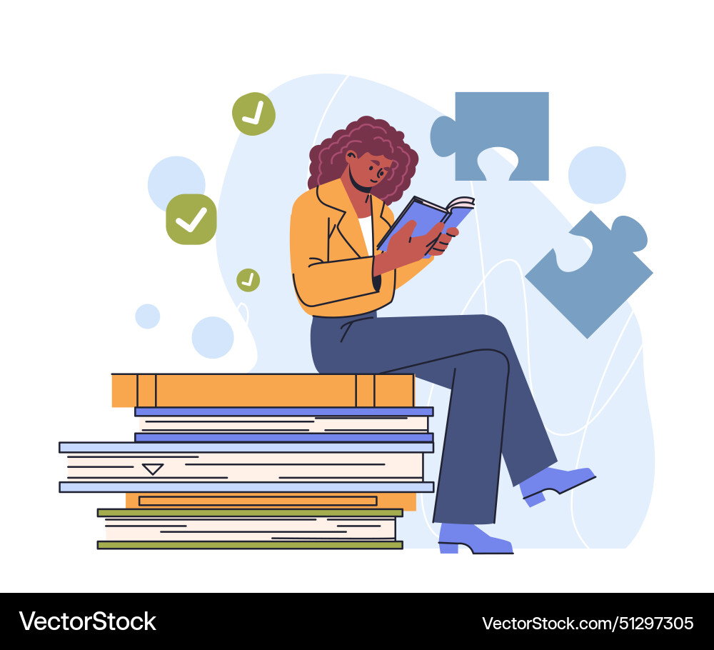 Animated woman reading a book while seated Vector Image