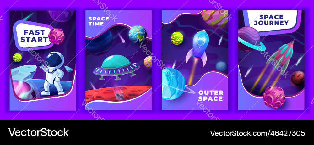 Cartoon space posters galaxy rockets astronaut Vector Image