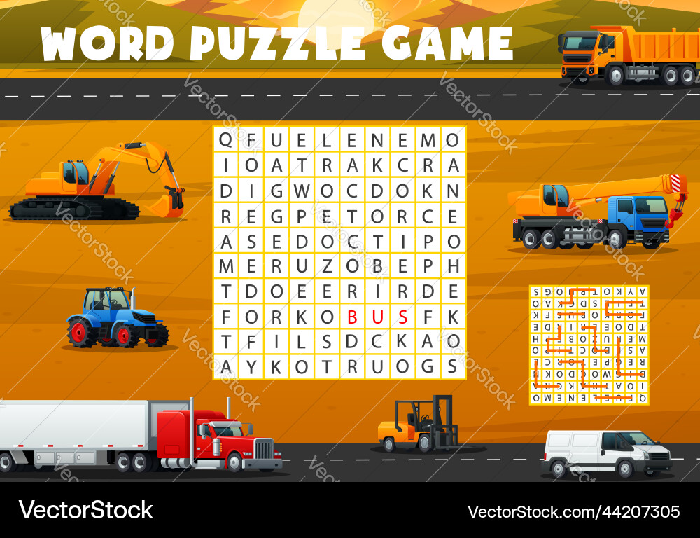 Construction industry machines on word search game