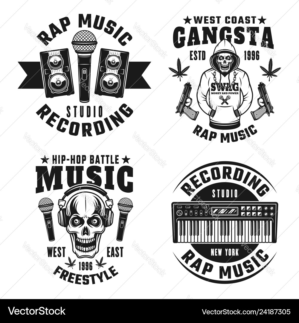 Rap and hip-hop four monochrome emblems Royalty Free Vector