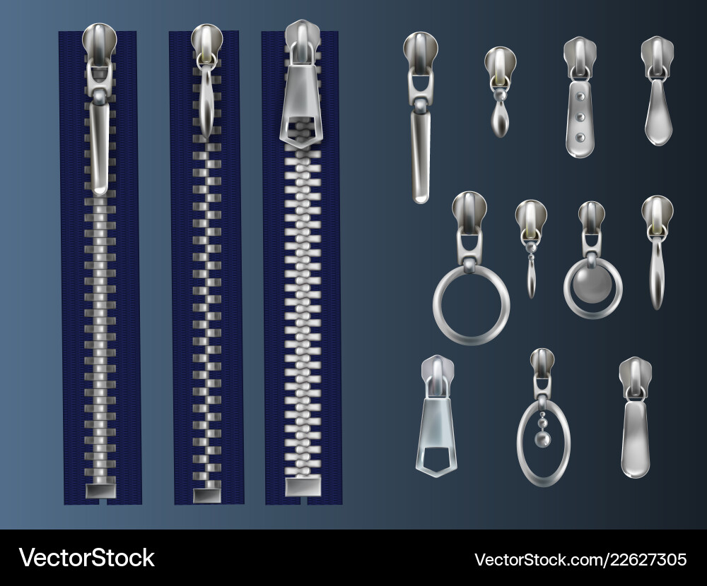 Zipper fasteners and pullers realistic set Vector Image