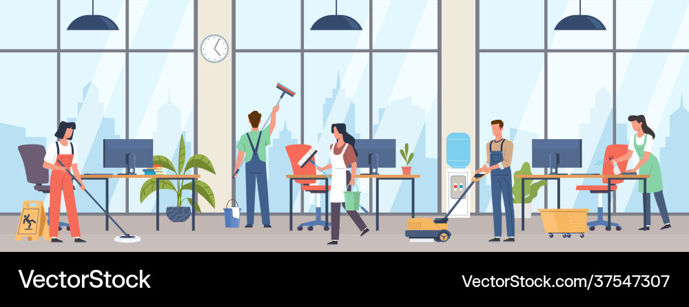 Cleaning premises people group in uniforms wash Vector Image
