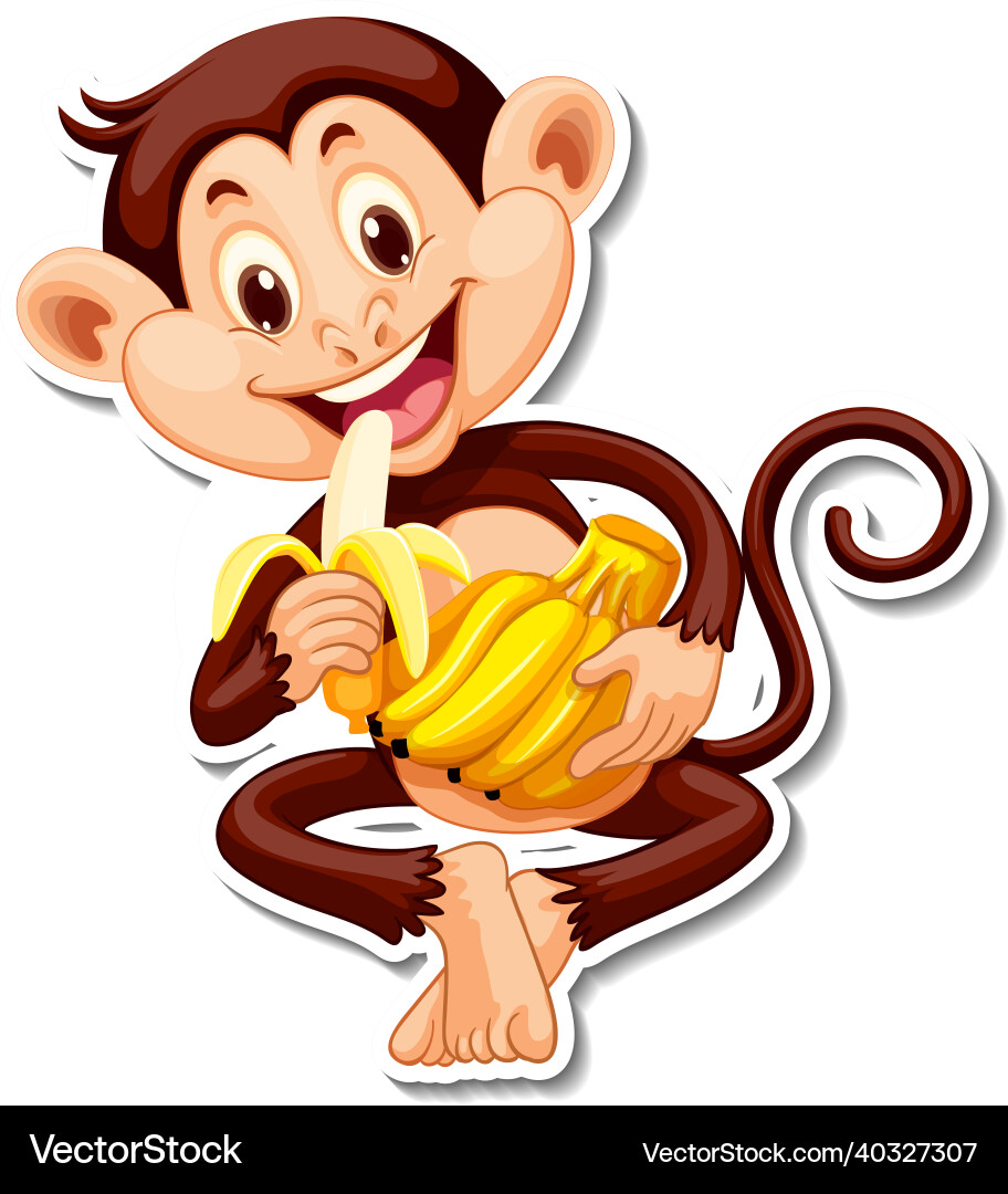 Monkey eating banana cartoon character sticker Vector Image