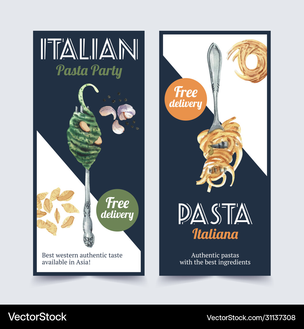 Pasta flyer design with spaghetti fork watercolor Vector Image
