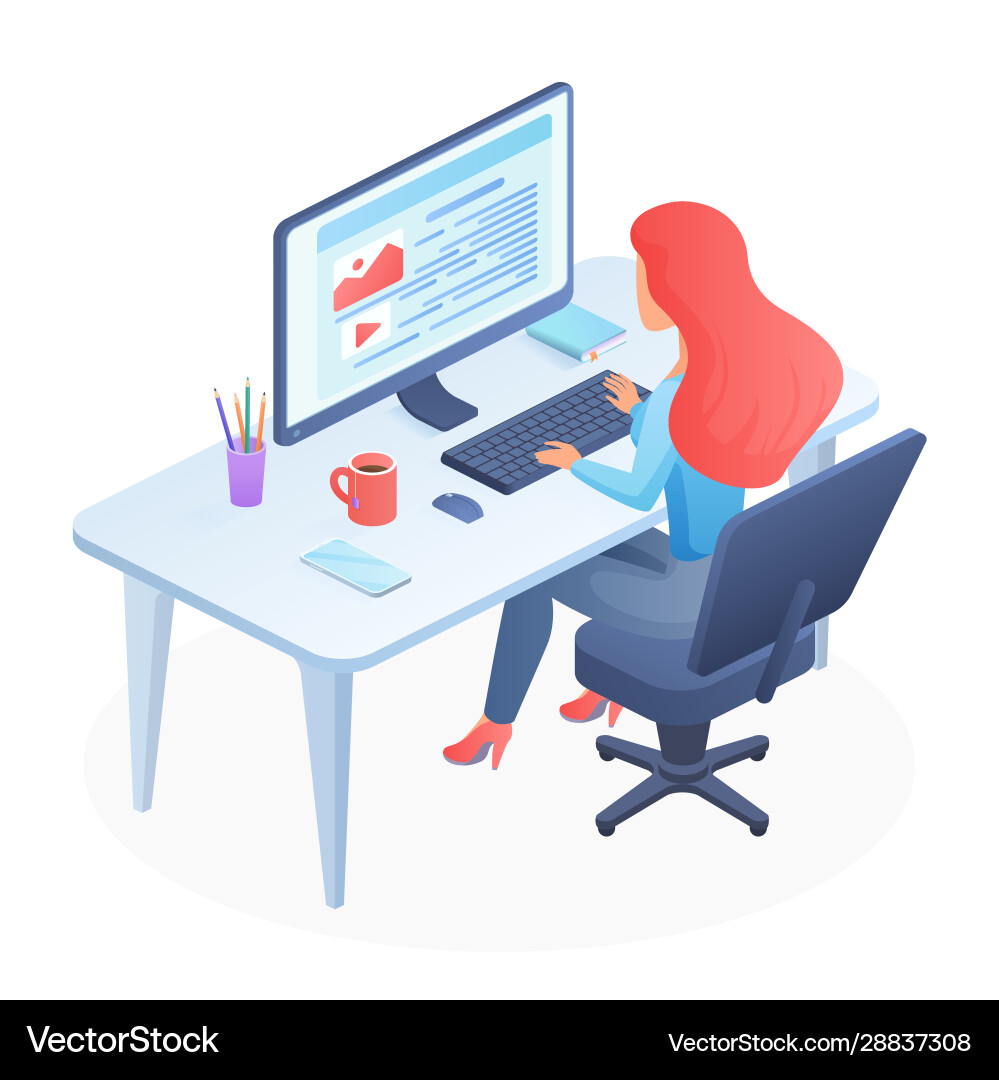 Programming isometric woman Royalty Free Vector Image