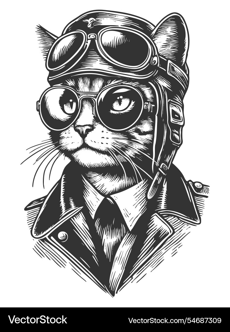 Pilot cat in aviator gear engraving Royalty Free Vector
