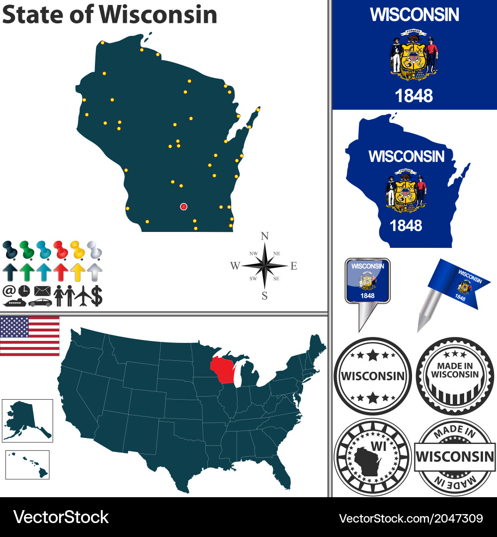 Wisconsin State Map with Icons Royalty Free Vector Image