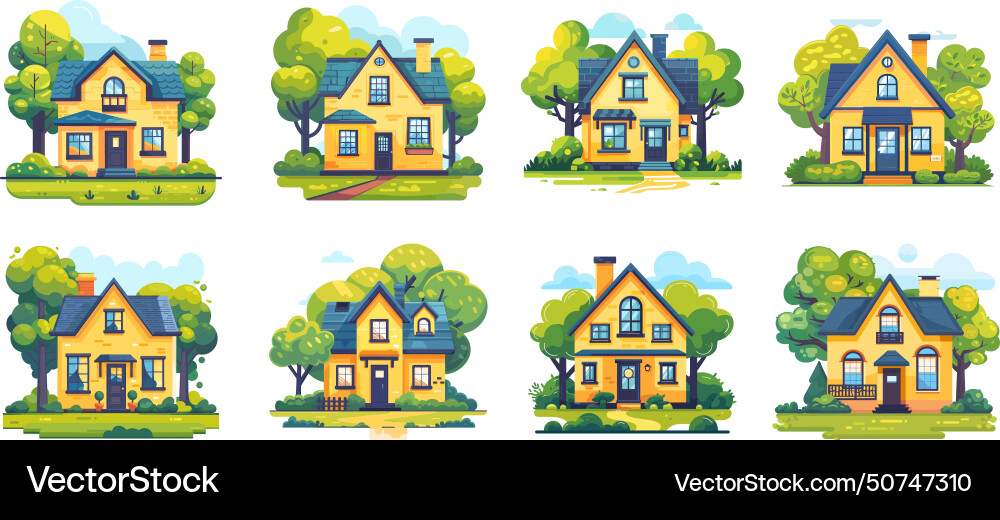 Cottages cartoon style set countryside Royalty Free Vector