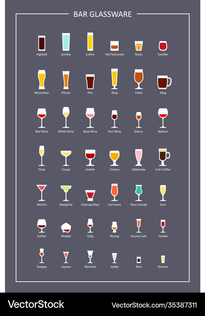 Bar glassware guide flat icons on dark Royalty Free Vector