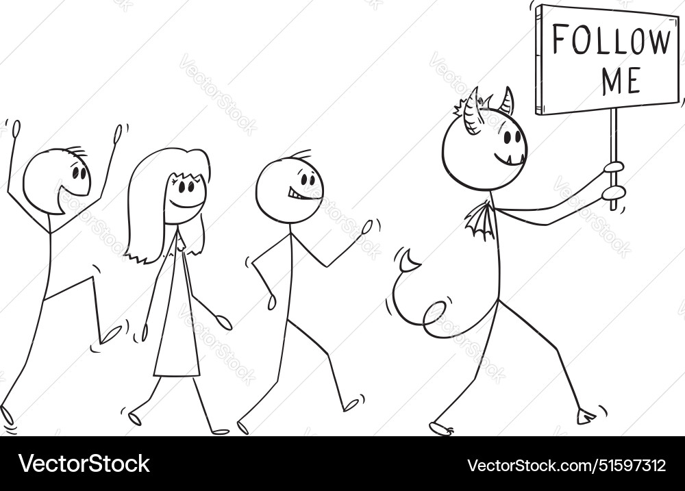 Devil walking with follow me sign cartoon stick Vector Image