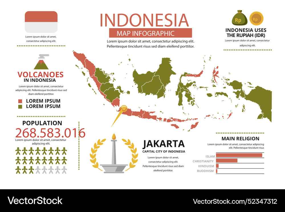 Flat indonesia map infographic template Royalty Free Vector