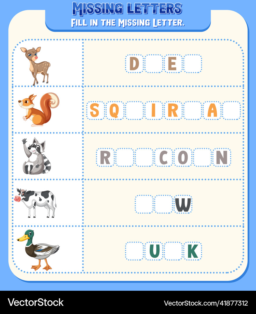 Letter Fill-In Worksheet for Kids Royalty Free Vector Image