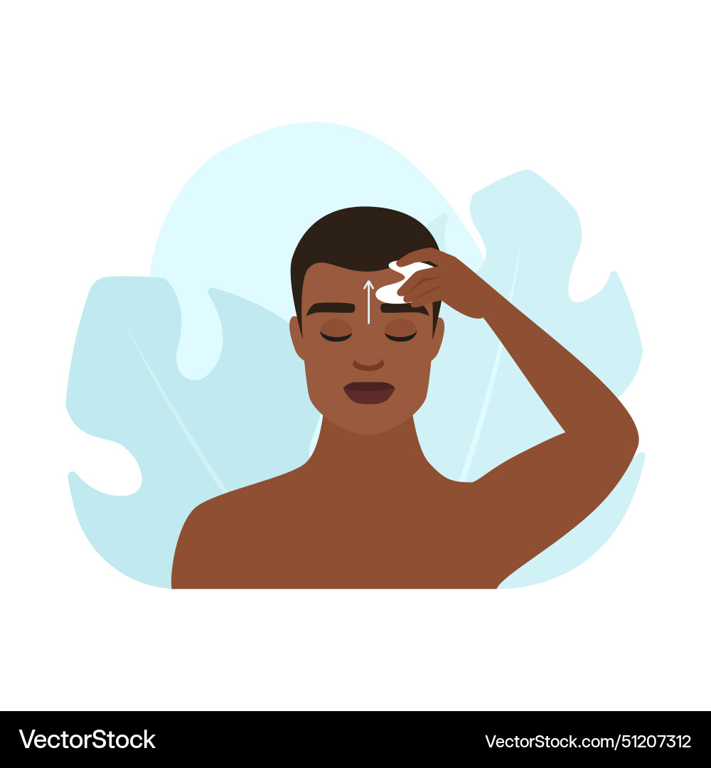 Man doing forehead massage along line with arrow Vector Image
