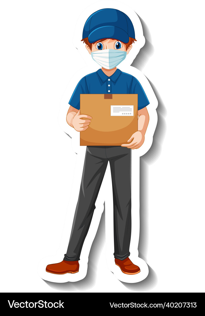 Ein Aufkleber Vorlage mit Liefermann in Uniform Vektorbild