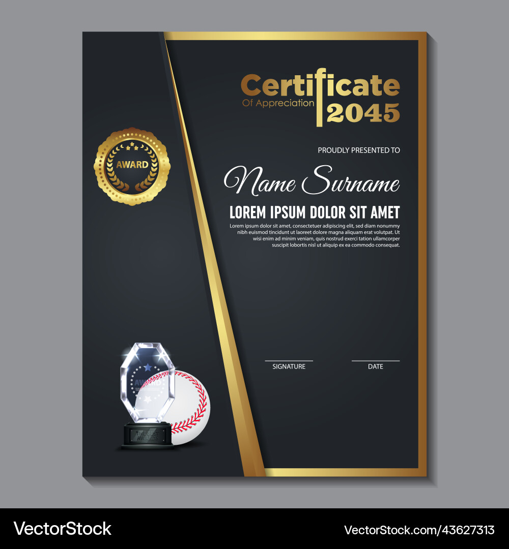 Baseball certificate design with gold cup set Vector Image