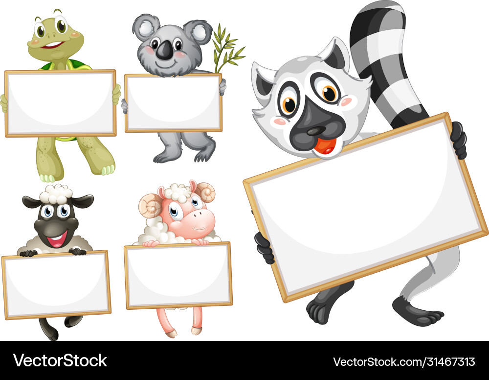 Blank sign template with cute animals on white Vector Image