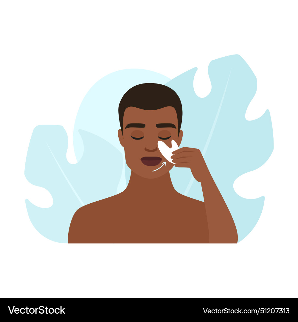 Man massaging chin along massage arrow using gua Vector Image
