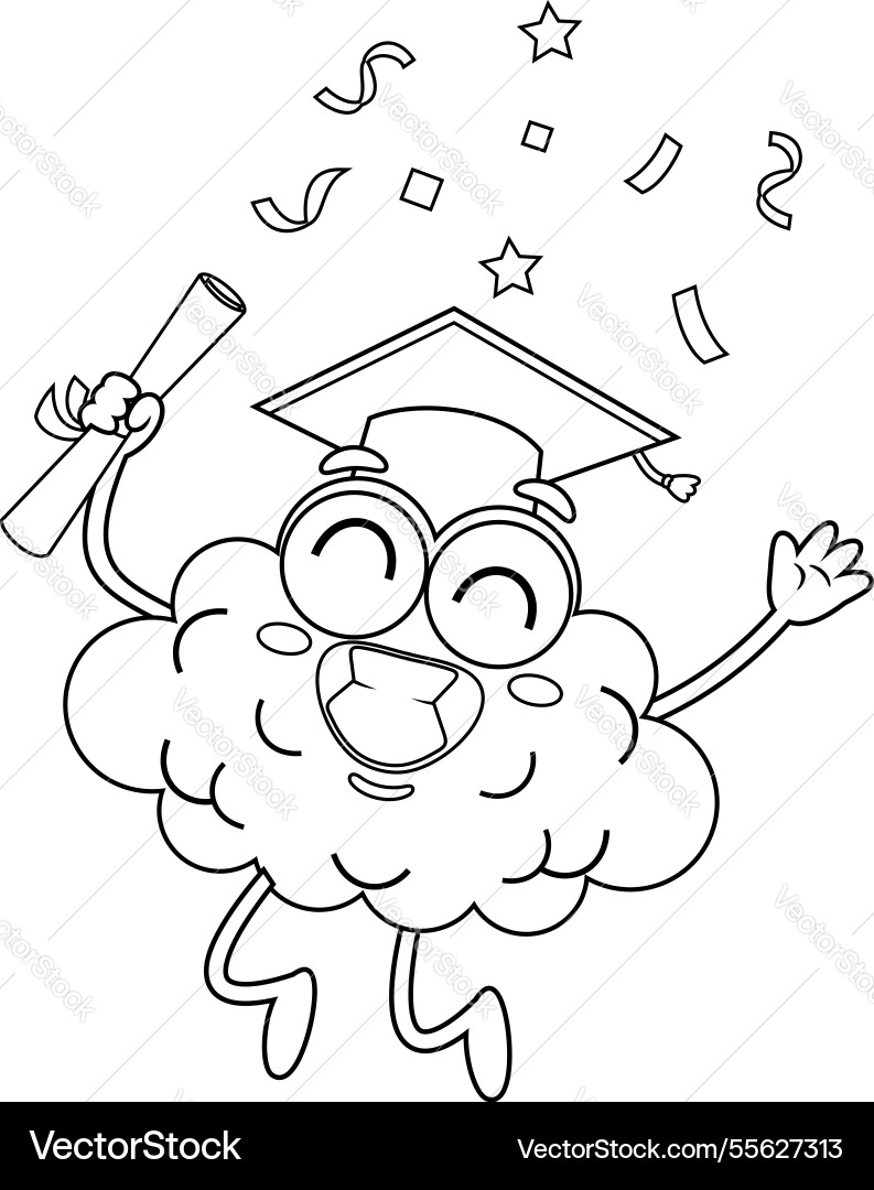 Outlined graduate brain cartoon character Vector Image