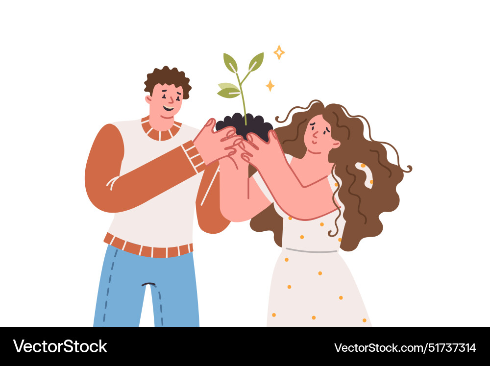 Couple grows tree holding handful of soil Vector Image