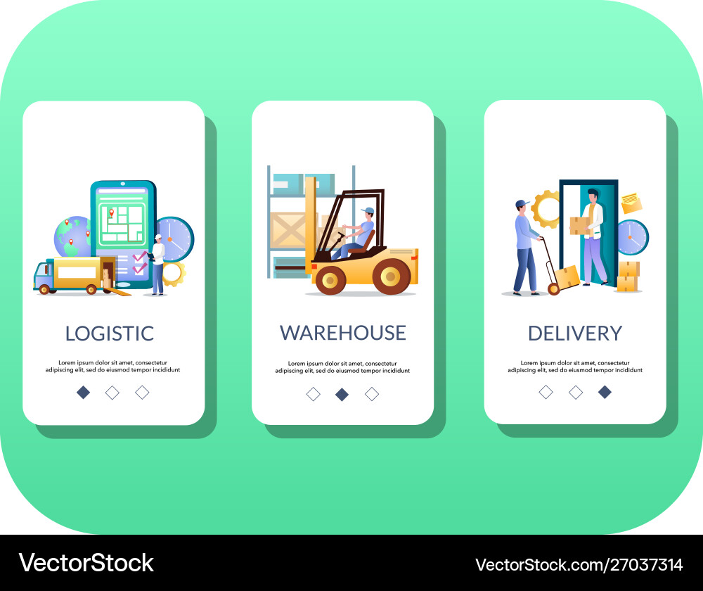 Logistics mobile app onboarding screens Royalty Free Vector