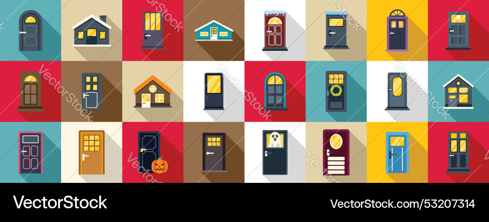 Night house front door icons set Royalty Free Vector Image