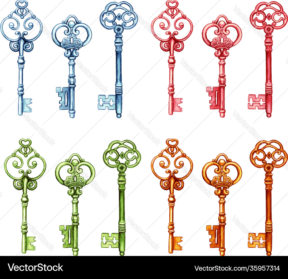 Vintage Victorian Keys - Pink, Blue, Green Vector Image