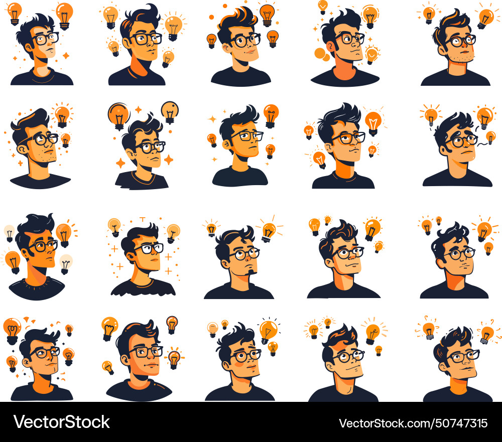 Creative idea avatars cartoon set guy Royalty Free Vector