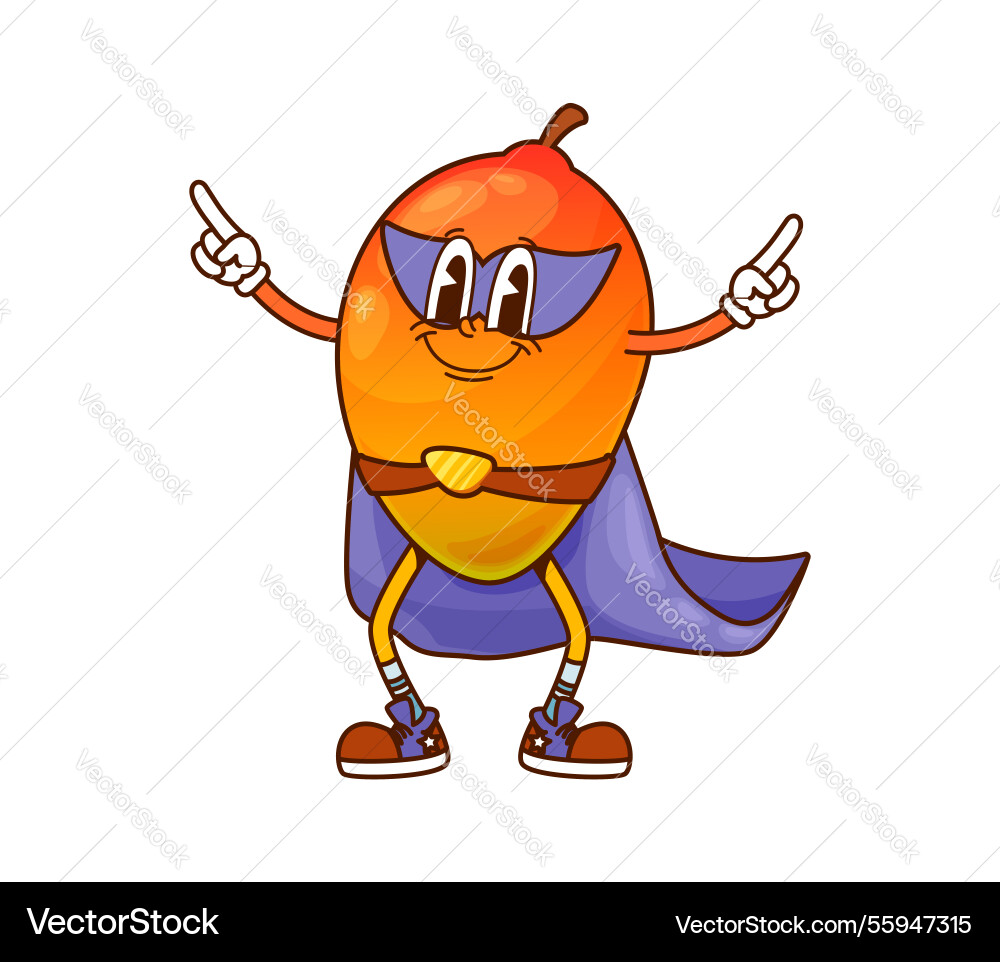 Groovy mango fruit superhero super hero character Vector Image